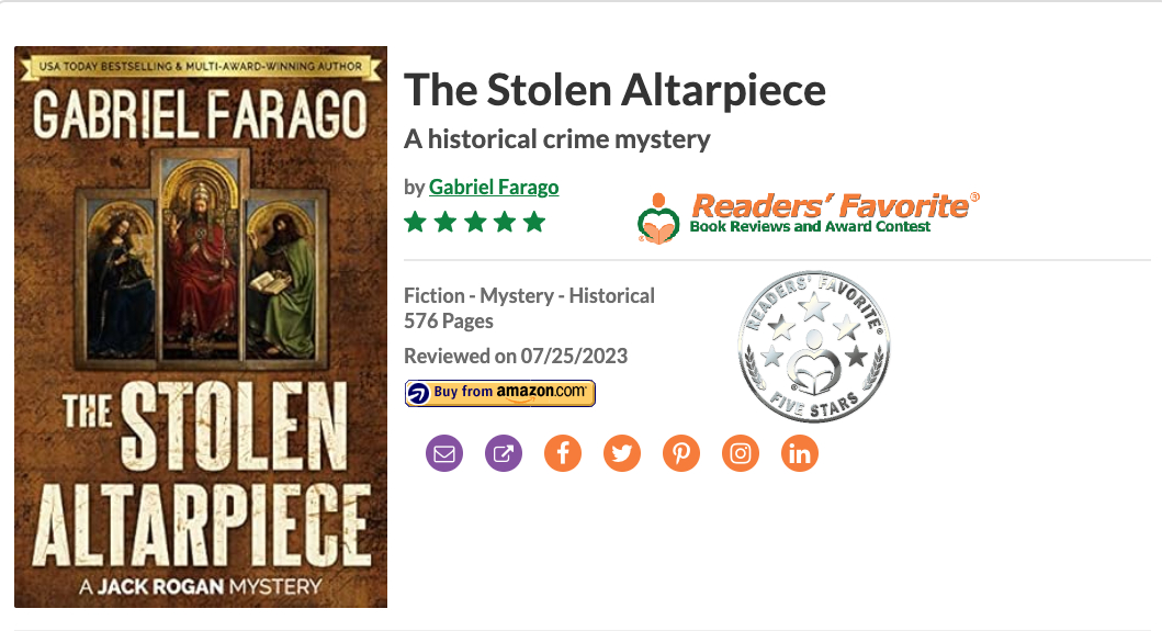 Readers’ Favorite Review of The Stolen Altarpiece - Author Gabriel Farago | Official Website